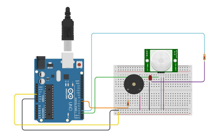 Circuit design PIR Sensor w Buzzer and LED - Tinkercad