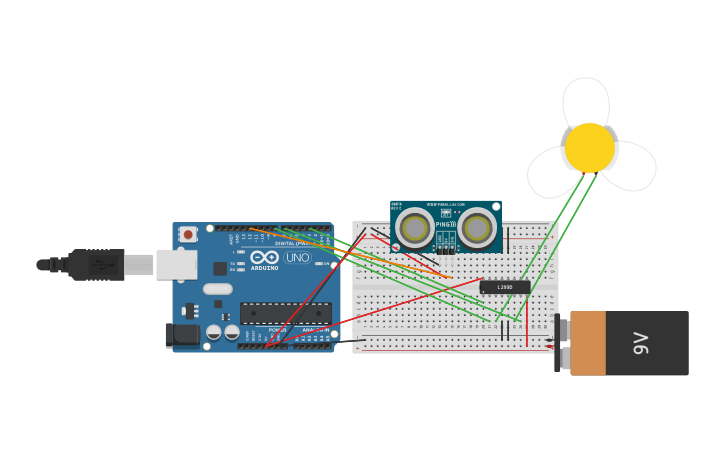 Circuit design DC motor with Ultrasonic Sensor - Tinkercad