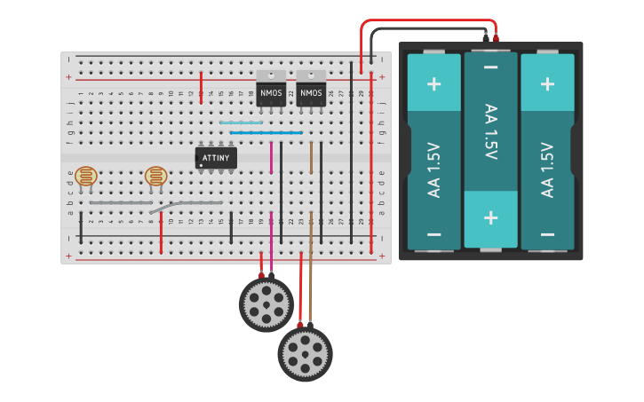 Circuit design Attiny85 - chercheur de lumière - Tinkercad