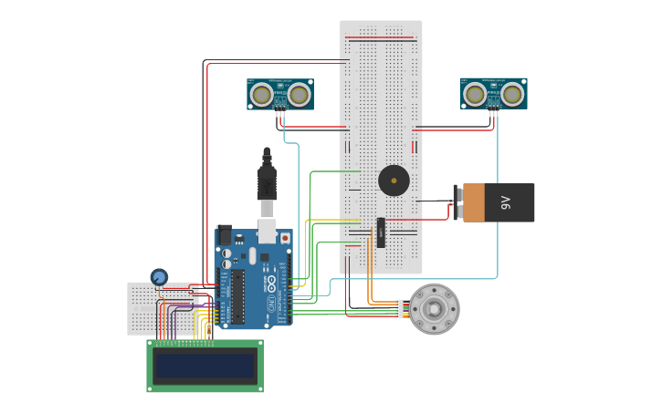 Circuit design motor, sonar & buzzer - Tinkercad