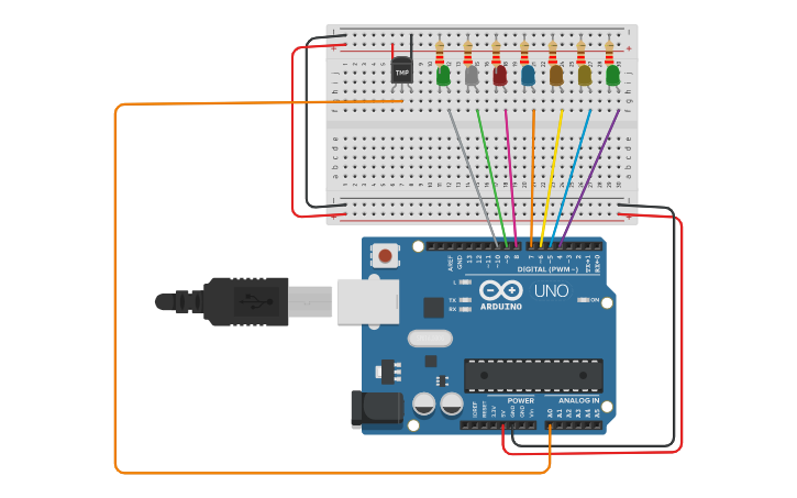 Circuit design encender leds con sensor temperatura - Tinkercad