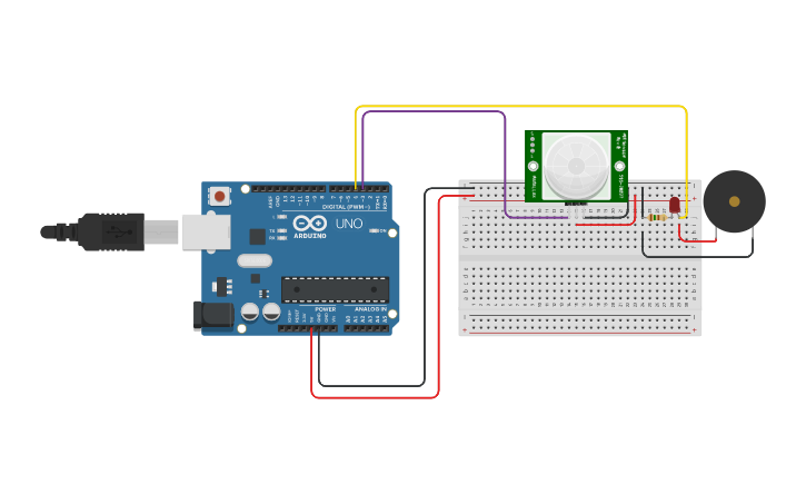 Circuit design Circuito Com Sensor De Movimento e Alarme com Led | Tinkercad