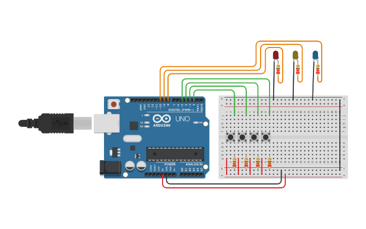 Circuit design 3 boton- 3 led - Tinkercad