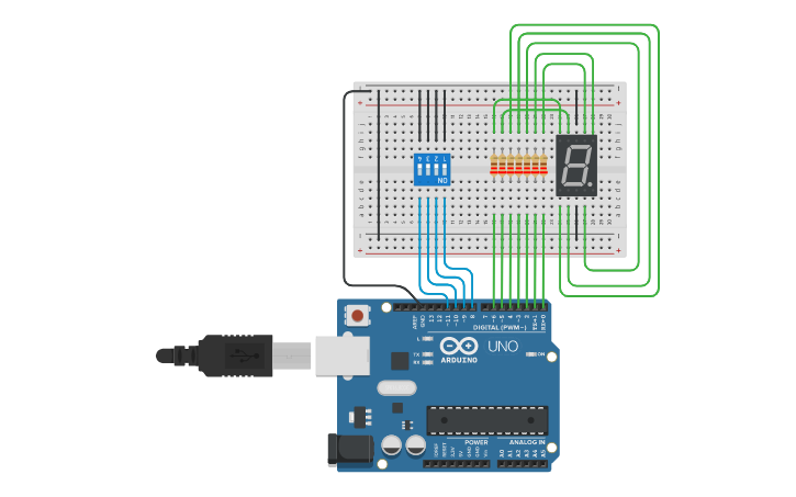 Circuit design 7 segment with inputs - Tinkercad