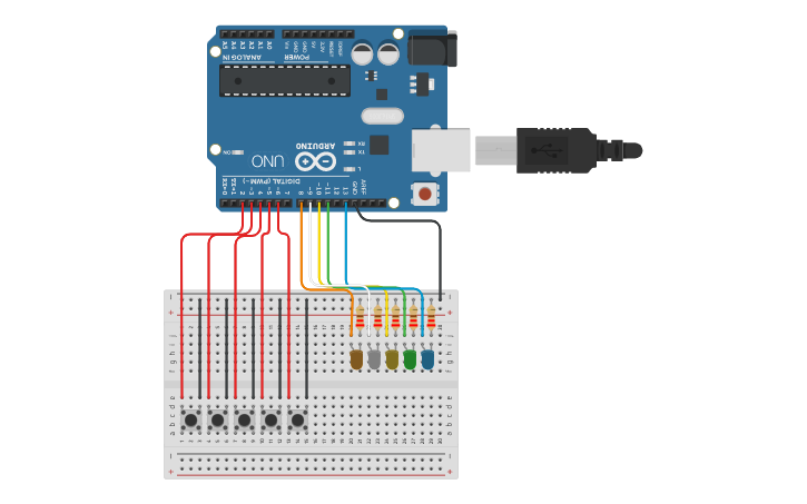 Circuit design Practica 4- Sketch de vectores_Leds_y_botones - Tinkercad