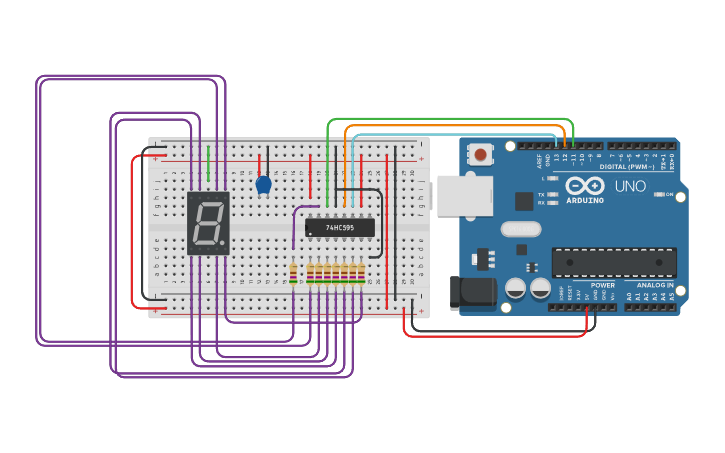 Circuit design 4.3.2 การใช้งาน single shift register ควบคุม 7-segment - Tinkercad