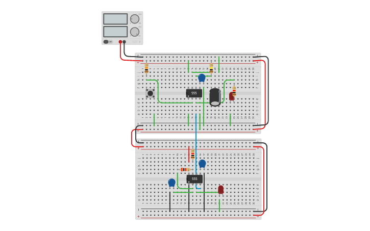 Circuit design Astable + Monostable 555 - 1s / 3 pulse | Tinkercad