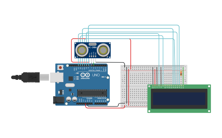 Circuit design SENSOR DE ULTRASONIDO CON PANTALLA LCD - Tinkercad