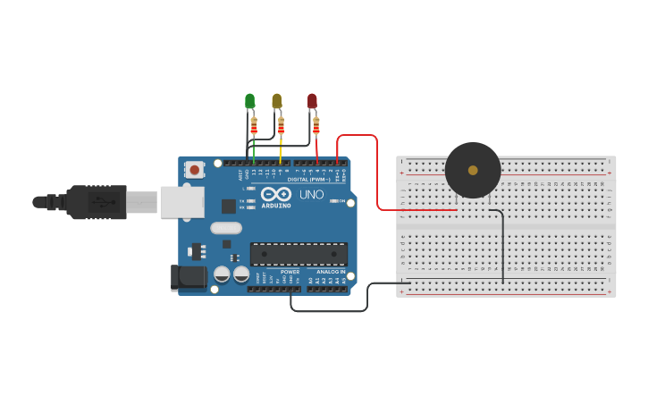 Circuit design Traffic Light with Buzzer - Tinkercad