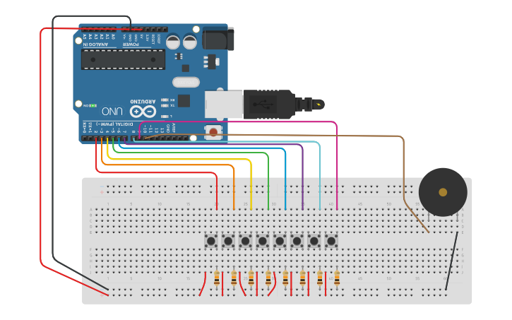Circuit design Project: Piano Arduino Uno - Buttons - Tinkercad