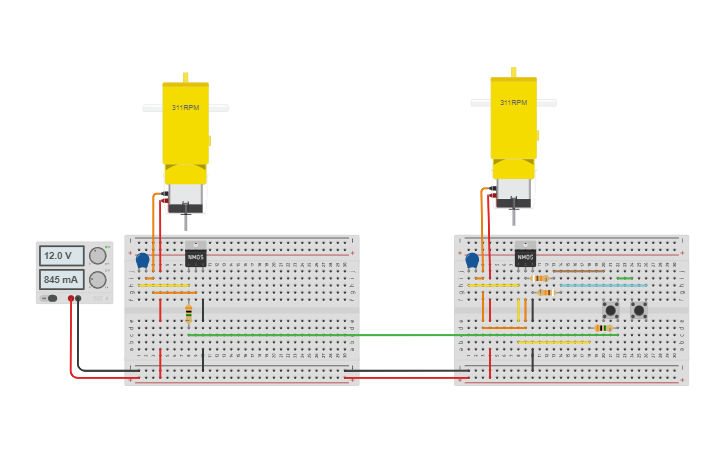 Circuit design Two motors with buttons - Tinkercad
