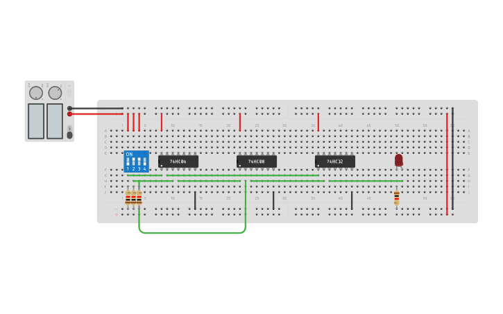 Circuit design e) ¬A+¬BC - Tinkercad