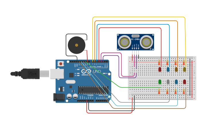 Circuit design Distance status using LEDs and BUZZER | Tinkercad Circuit design Distance status using LEDs and BUZZER | Tinkercad