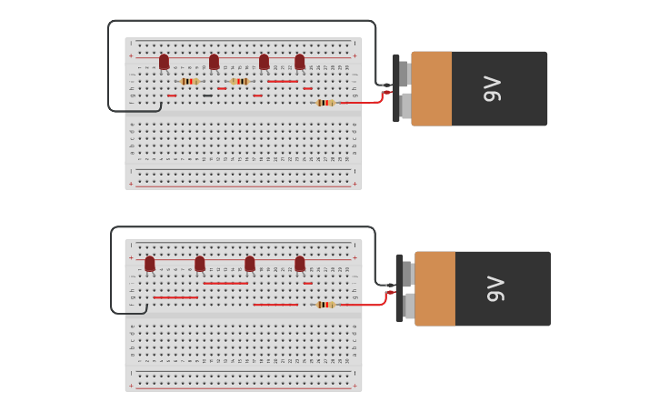 Circuit design Breadboard backside แบบอนุกรม | Tinkercad