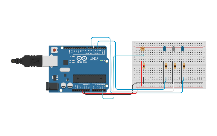 Circuit design Sensore di Luminosità a 3 Led PWM - Tinkercad