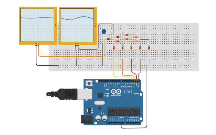 Circuit design 4 bits Sinus generator R-2R - Tinkercad