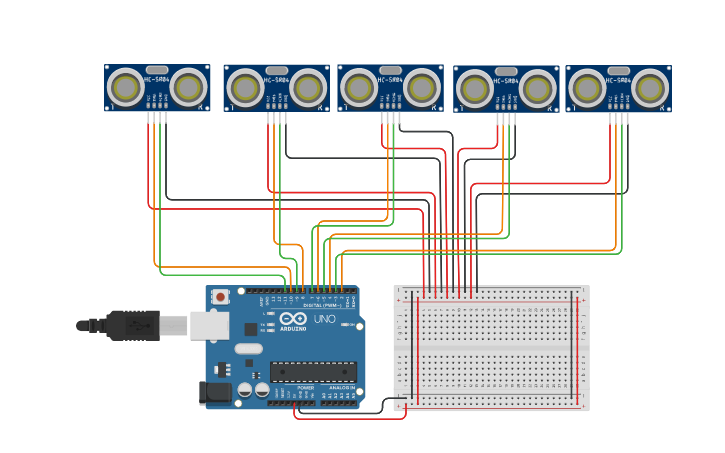 Circuit design 5 HC-SR04 | Tinkercad