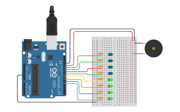 Circuit design Dancing LEDs | Tinkercad