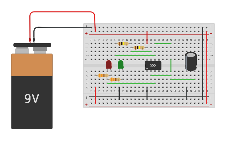 Circuit design 555 TIMER WITH 2 BLINKING LIGHTS- KUAN - Tinkercad
