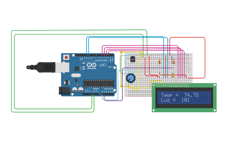 Circuit design Display LCD com Fotoressistor e LM35 | Tinkercad