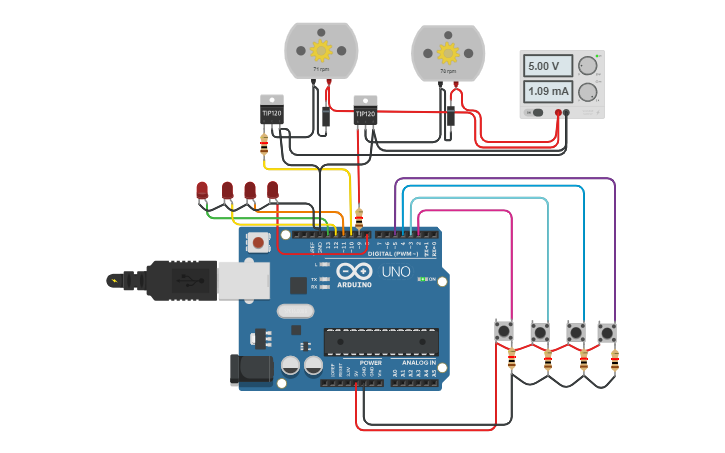 Circuit design 4 sensor 2 motor - Tinkercad