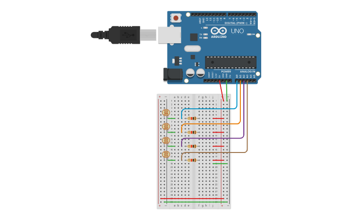 Circuit design Four LDRs | Tinkercad
