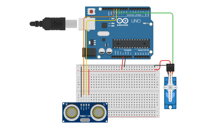Circuit design Sensor Ultrassônico e Servo Motor - Tinkercad