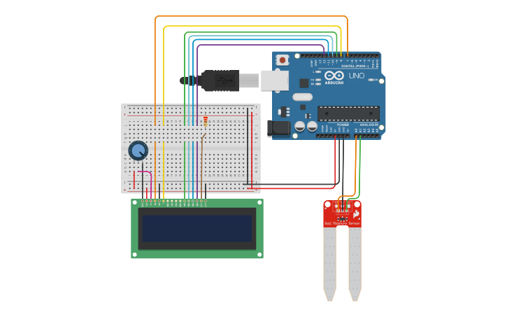 Circuit design soil moisture lcd - Tinkercad