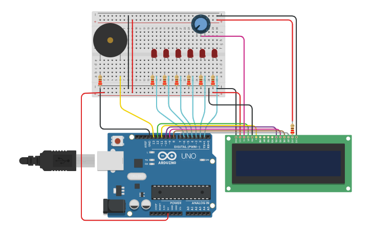 Circuit design nada lagu dan LCD - Tinkercad