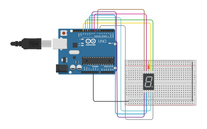 Circuit design Práctica 2 - Display 7 segmentos | Tinkercad