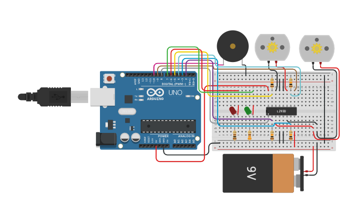 Circuit design DC MOTOR with BUZZER and LED - Tinkercad