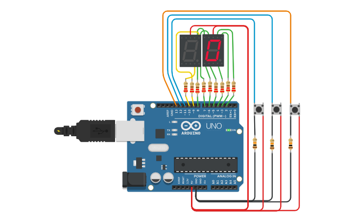 Circuit design 7seg led with 3 buttons - Tinkercad
