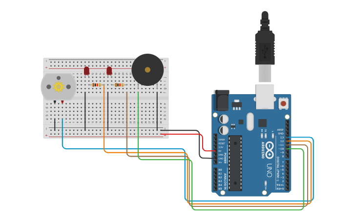 Circuit design DC Motor and Piezo Buzzer Program - Tinkercad