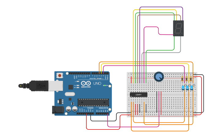 Circuit design 3 LEDs y display de 7 segmentos - Tinkercad