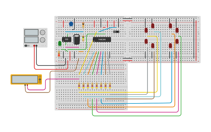 Circuit design 555 with 74595 8LED - Tinkercad