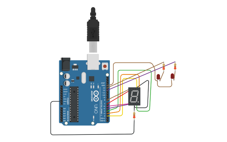 Circuit design Funciones Arduino 7 seg 2 leds - Tinkercad