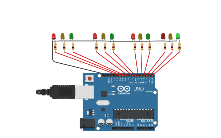 Circuit design Traffic signal (4 Roads) | Tinkercad