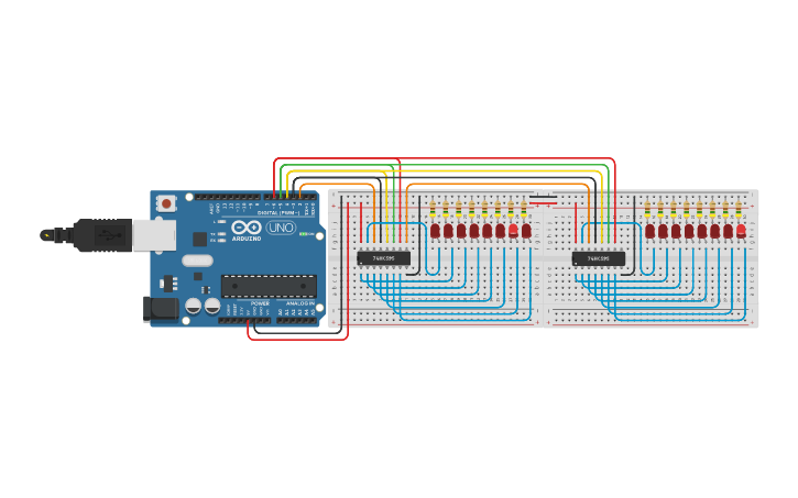 Circuit design 74HC595 Shift Register in chain - Tinkercad