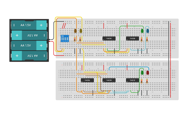 Circuit design Medio sumador de Dos Bits - Tinkercad Circuit design Medio sumador de Dos Bits - Tinkercad
