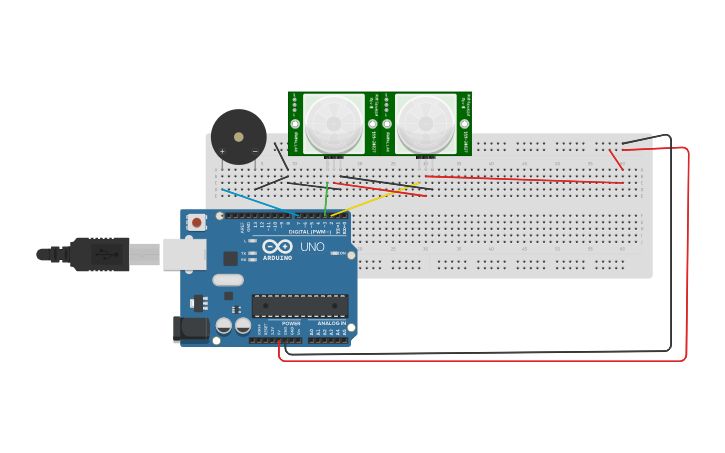 Circuit design sensores PIR e Buzzer - Tinkercad