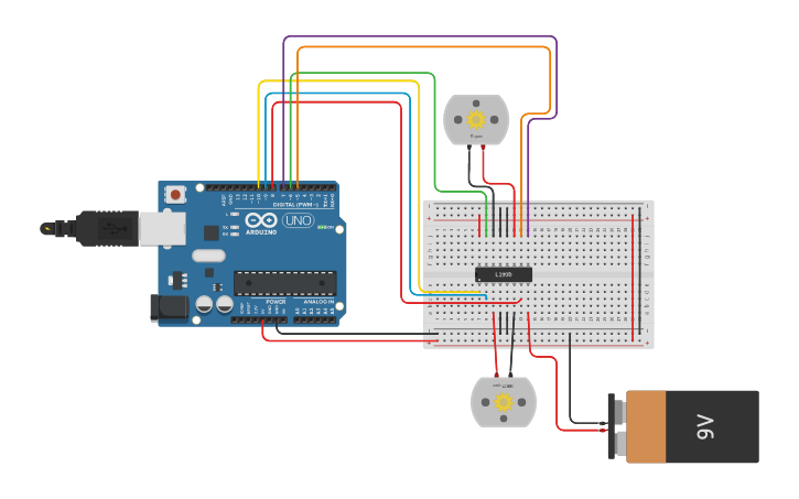 Circuit design Ejemplo de programación con dos motores | Tinkercad