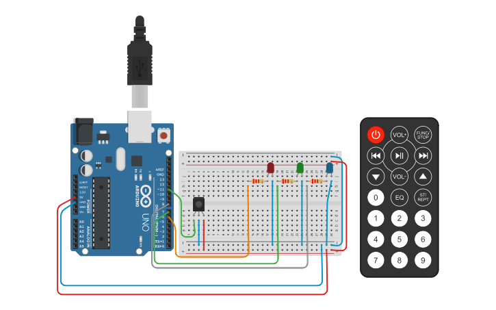 Circuit design Encendido y apagado de Leds por control remoto IR - Tinkercad