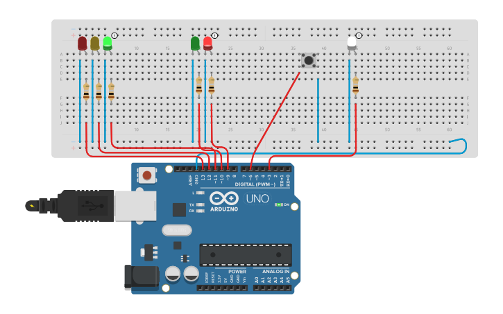 Circuit design semaforo con pulsador | Tinkercad