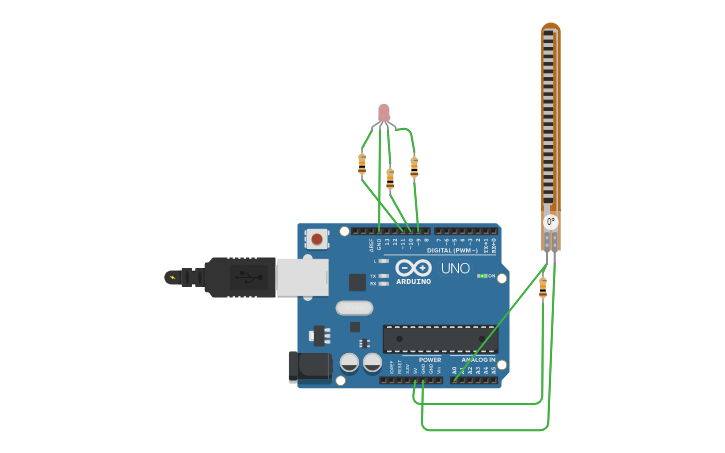 Circuit design Flex Sensor and RGB - Tinkercad