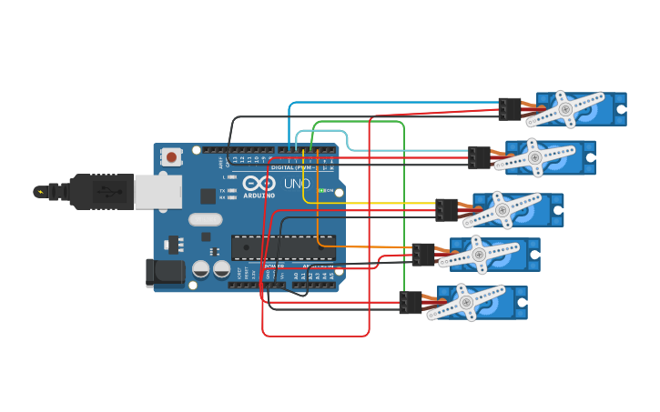 Circuit Design Rotate 5 Servo Motors Tinkercad
