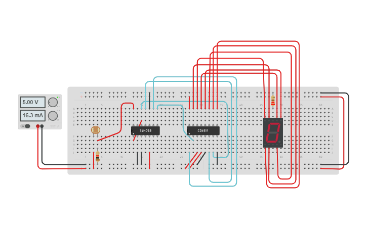 Circuit design 4 bit counter with display - Tinkercad