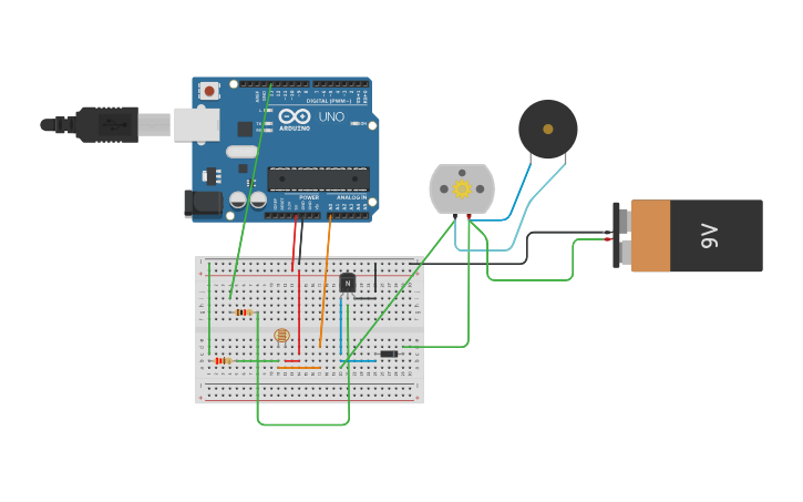 Circuit design resistencia con transistor motor y buzzer - Tinkercad