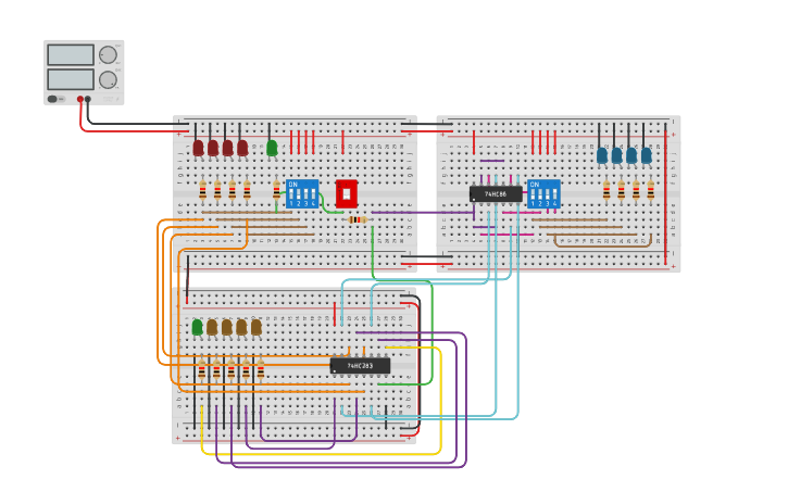 Circuit design 4 bit adder/subtractor - Tinkercad