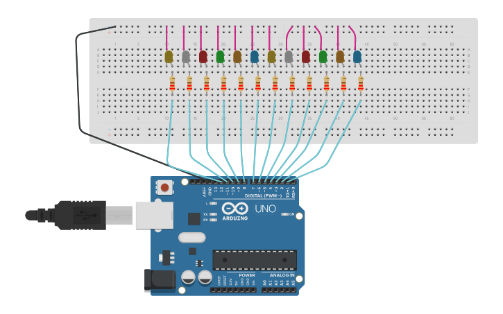 Circuit design Secuenciador de luces con Arduino Uno con 12 leds - Tinkercad