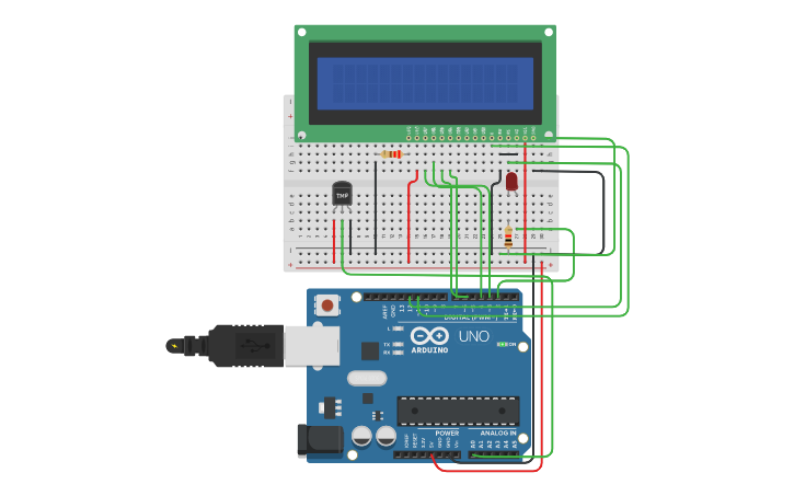 Circuit design LCD with temp sensor | Tinkercad